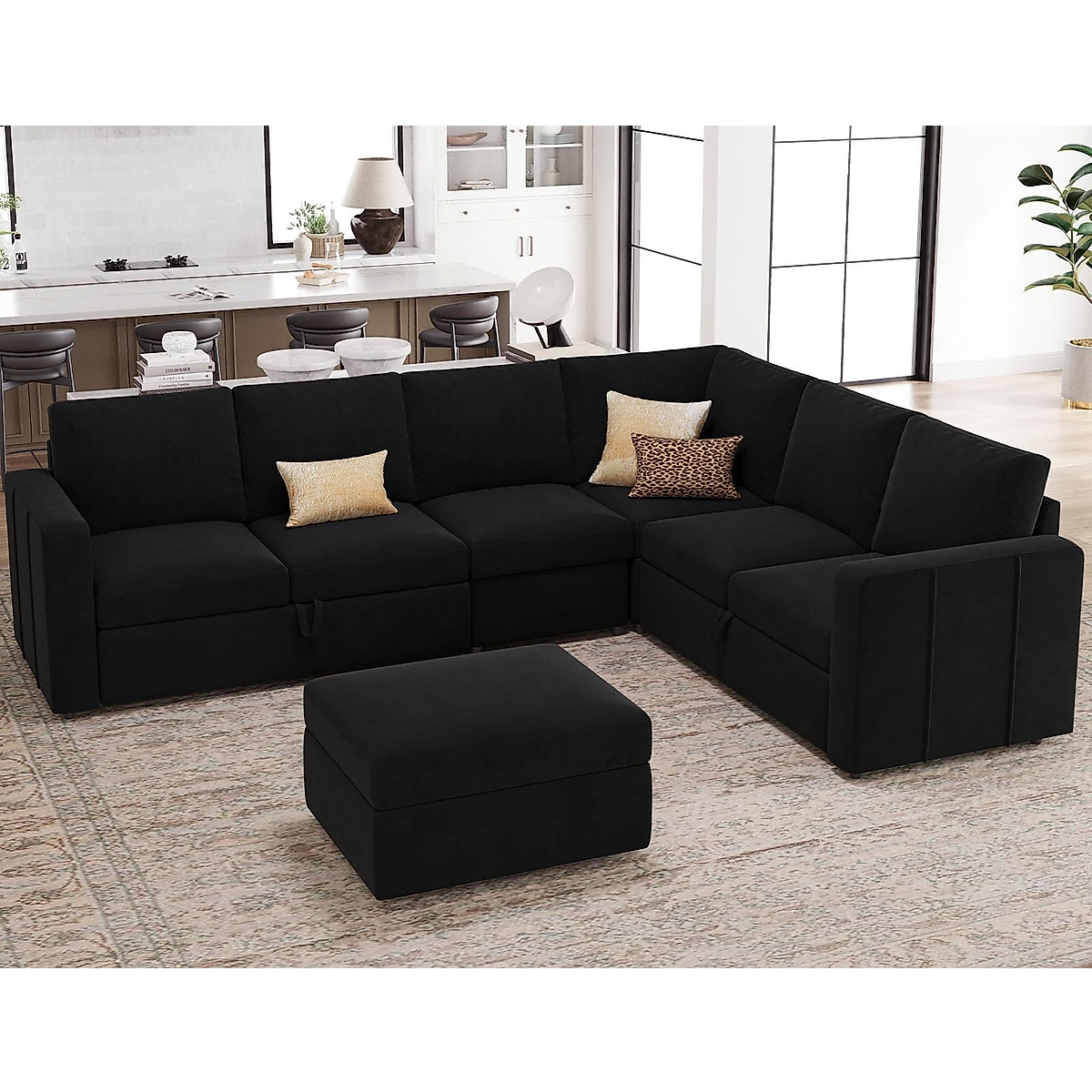 Belffin Modular Sectional Sleeper Couch with Pull Out Sofa Bed Velvet Convertible L Shaped Sectional Sofa with Storage Ottoman for Living Room Black