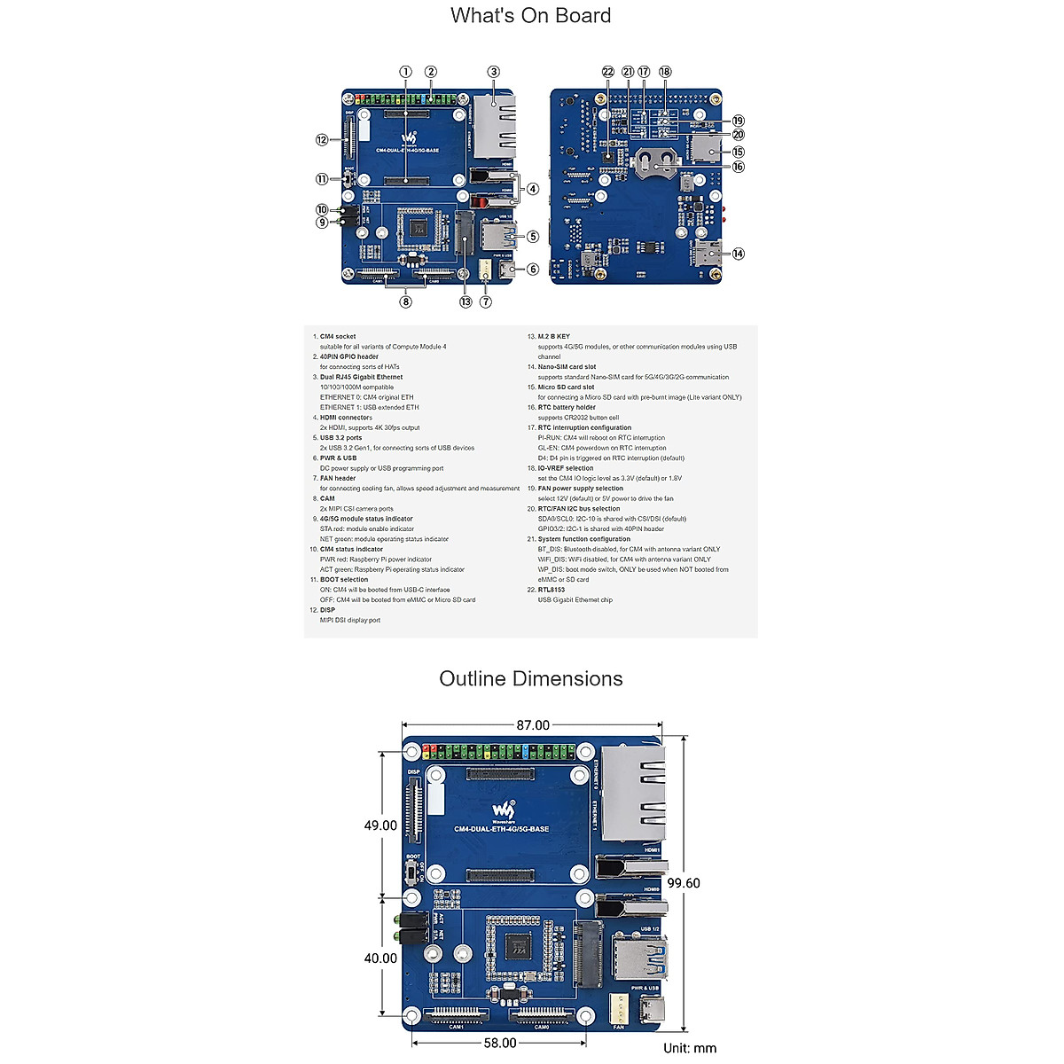 Dual Gigabit Ethernet 5G/4G Cellular Support Base Board Designed for Raspberry Pi Compute Module 4(CM4)