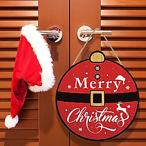 FWIEXA Christmas Door Hanger Decorations, Funny Santa Claus Merry Christmas Door Sign, Round Christmas Wooden Signs for Front Door Home Farmhouse Decor (12''x 11'')