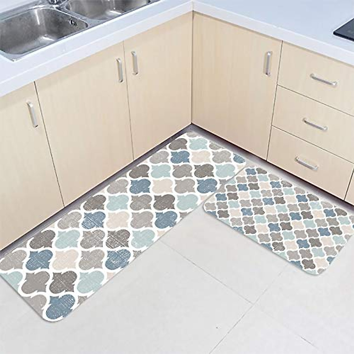 Geometric Quatrefoil Kitchen Rugs and Mats Non Skid Washable Cushioned Kitchen Mat Anti Fatigue Mat Kitchen Set of 2 Waterproof Teal Gray Turquoise Blue Vintage Farmhouse Moroccan Tile Pattern