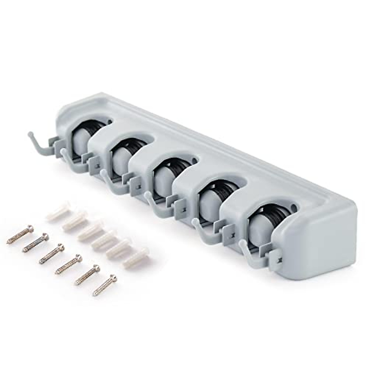 ForHauz Broom Holder with 5 Holding Positions & 6 Hooks, Easy Wall Mount Storage for Organizing Garage or Closet