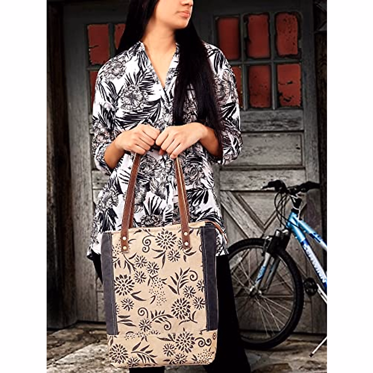 Ruzioon Upcycled Canvas & Cowhide Tote Bag, Upcycled Canvas & Leather Shoulder Bag, Upcycled Canvas Hand Bag for Women’s