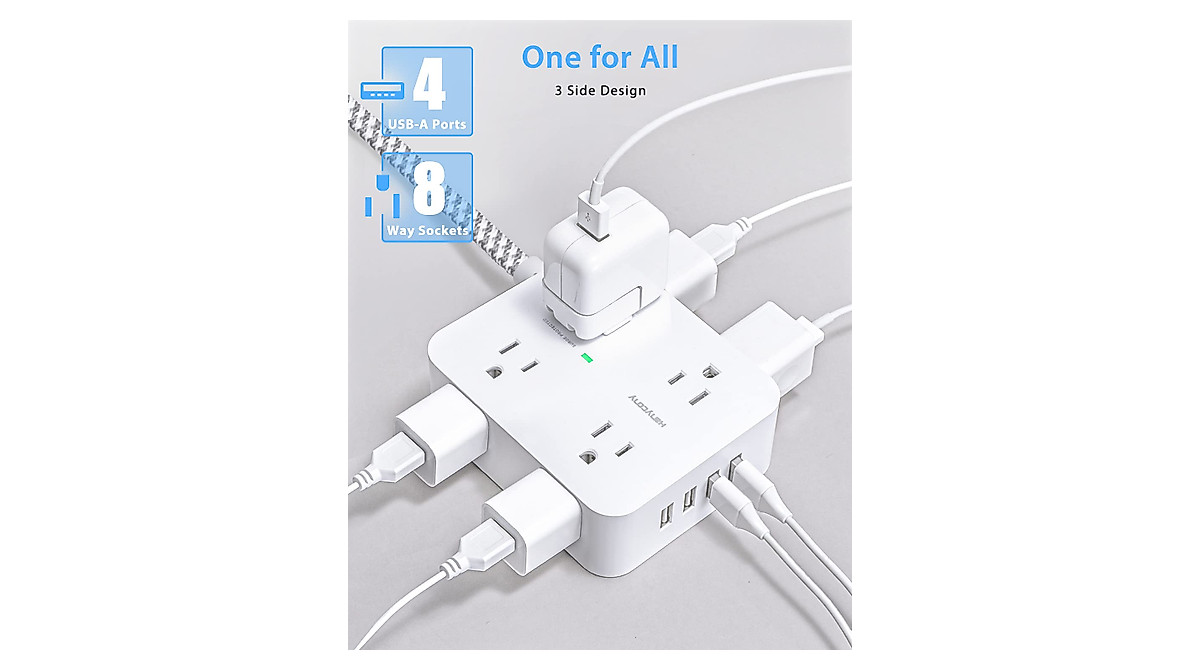 Power Strip with 8 Outlets & 4 USB Ports - Space Saving & Safe