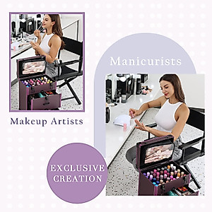 FRENESSA Rolling Nail Case Wheeled Manicure Storage Case Polish Organizer Professional Makeup Trolley for Studio or Travelling Nail Technician Artists Cosmetologist Stylist - Purple Vegan Leather