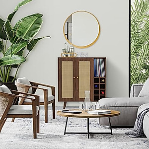 Atlantic Loft & Luv Remy Boho Mid-Century Bar Cabinet with Natural Rattan Panels with Storage, Walnut Finish