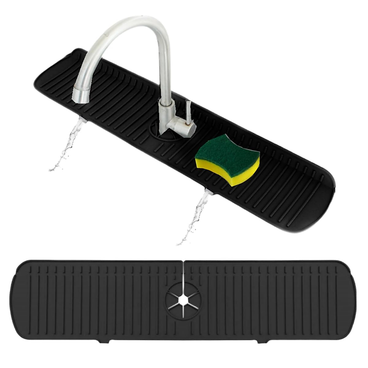 Big Size Kitchen Sink Splash Guard, 24in Faucet Mat Splash Catcher, Handle Drip Catcher Tray, Multipurpose for Kitchen Dish Drying Mats Sponge Holder and Bathroom Countertop Protect (Black, L)