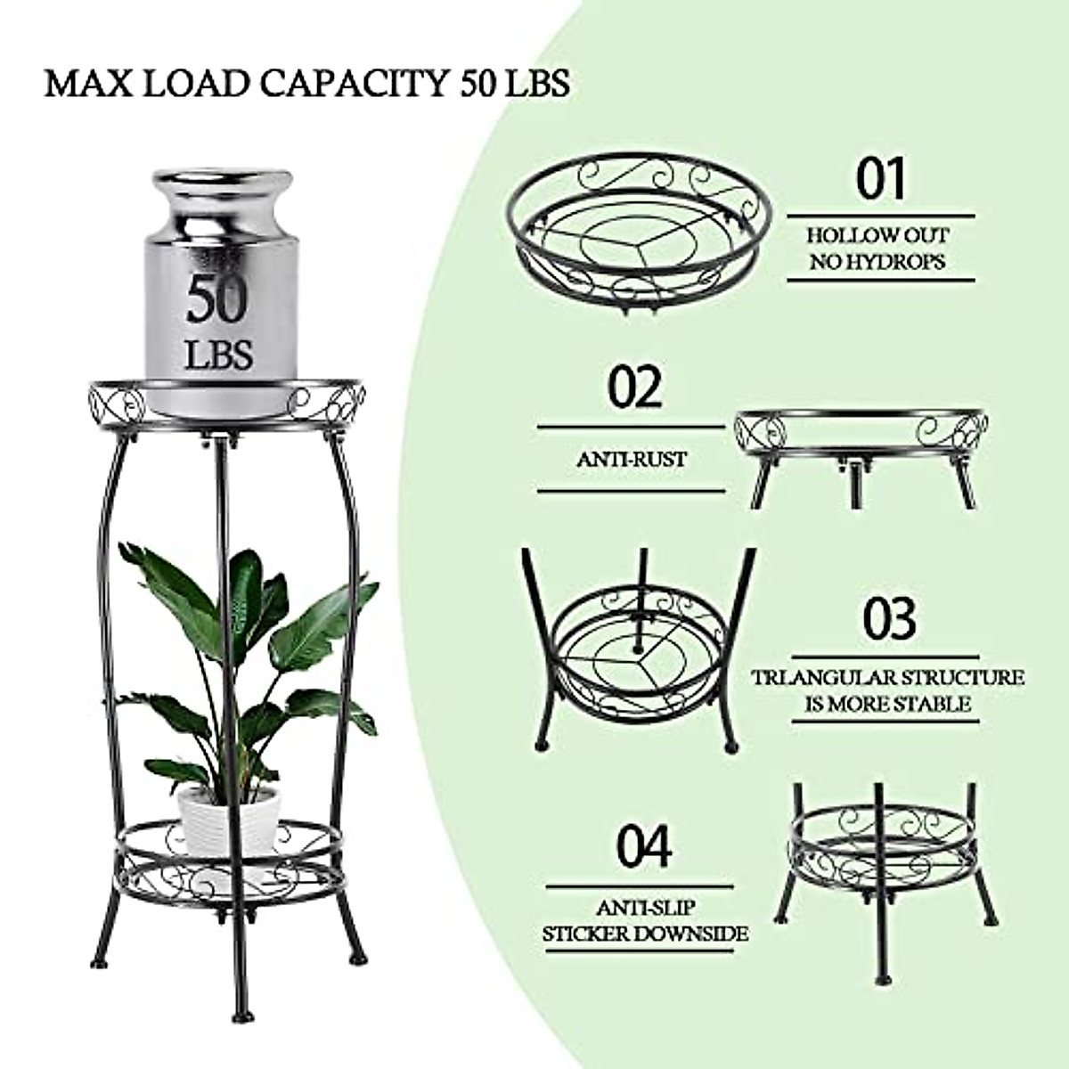 Kavlium Plant Stand Indoor Outdoor，Tall Black Metal Rustproof Stable Plant Stands，2 Tier 27.1 inch Multiple Plant Rack Potted Holder Rack Flower Pot Stand Heavy Duty Plant Shelf