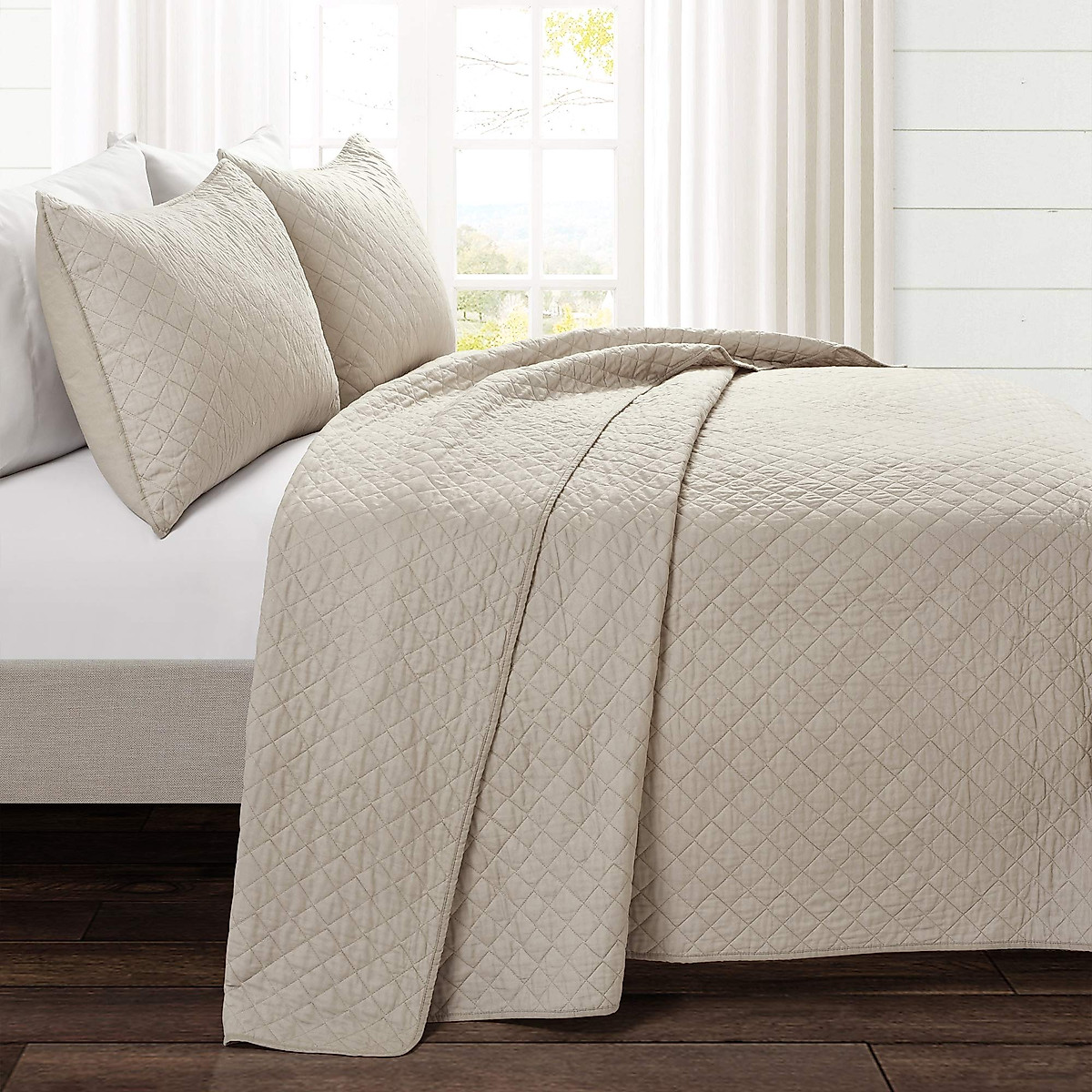 Lush Decor Ava Quilt Diamond Pattern Solid 3 Piece Oversized Bedding Blanket Bedspread Set - Full/Queen - Neutral