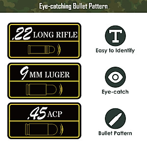 Aolamegs Pistol Ammo Can Sticker Set - .22 LR .45 AUTO 9MM Luger .357 Mag .40 S&W .380 AUTO Ammo Caliber Sticker, Black Bullet Pattern Vinyl Decal Ammo Can Labels for Box Case（6 Varieties/30 Pack)