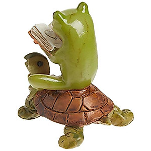 Top Collection Miniature Fairy Garden & Terrarium Frog Reading Book on Turtle Statue, Small, Green, Orange