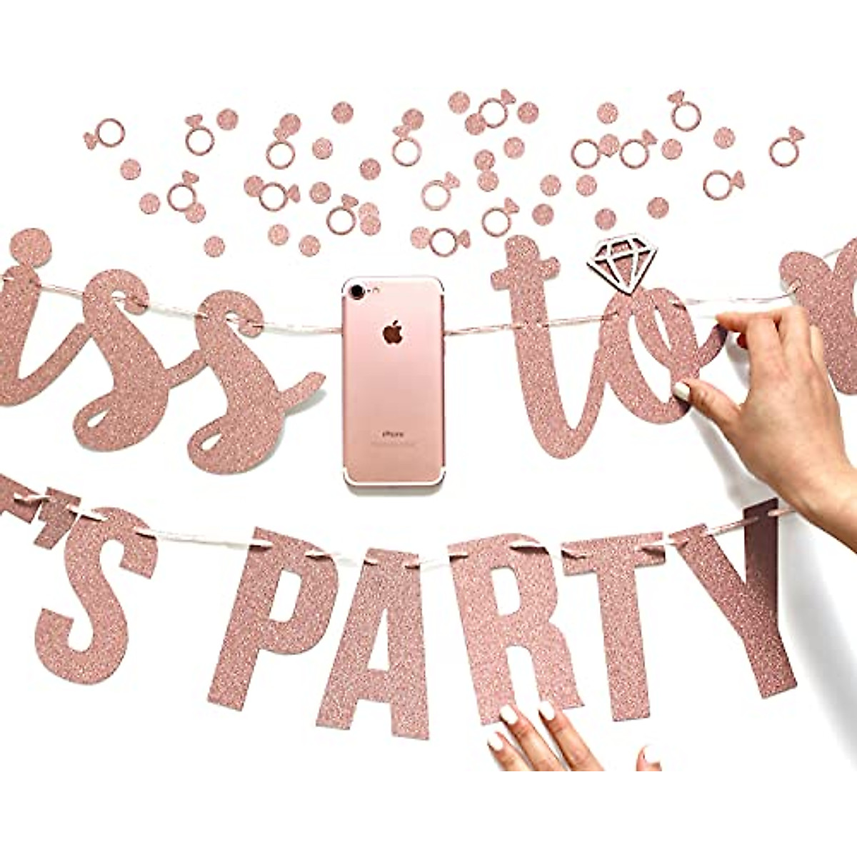 Miss to Mrs, Let's Party Bitches Banner Set. Bachelorette, Engagement or Wedding Party Decorations. 2 Sparkly Banners with Super Fun Diamond Ring and Circle Confetti (Rose Gold)