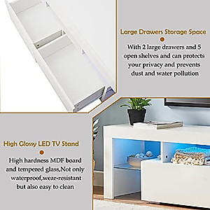 HAKFOO Modern LED TV Stand for 65/55 inch TV, Modern Entertainment Center with 1-2 Storage Drawers, High Gloss Television Stand for Living Room, APP/Remote RGB Light (White, 63inch)