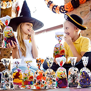 WOONOO 200PCS Halloween Treat Bags Candy Bags for Trick or Treat, 8 Designs Halloween Goodie Bags for Kids Party Supplies, Halloween Cellophane Bags Halloween Party Favor for Kids