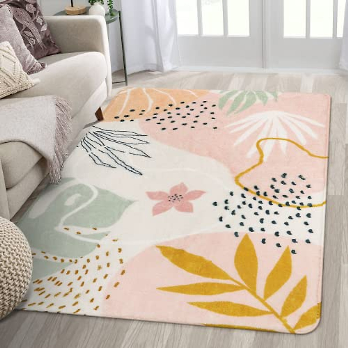 Lahome Pink Washable Living Room Area Rug - 3x5 Small Rugs for Bedroom Non-Slip Throw Soft Nursery Kids Room Low-Plie Boho Botanical Print Capet for Kitchen Entryway Office Bath Laundry Dining Room