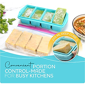 XOMOO Silicone Freezer Tray With Lid - Soup Freezer Container molds - Large Ice Cube Tray- makes 8 perfect 1 cup portions cubes, 2-Pack Freezer Storage Food Soups & Meal Prep - Oven & Dishwasher -Safe