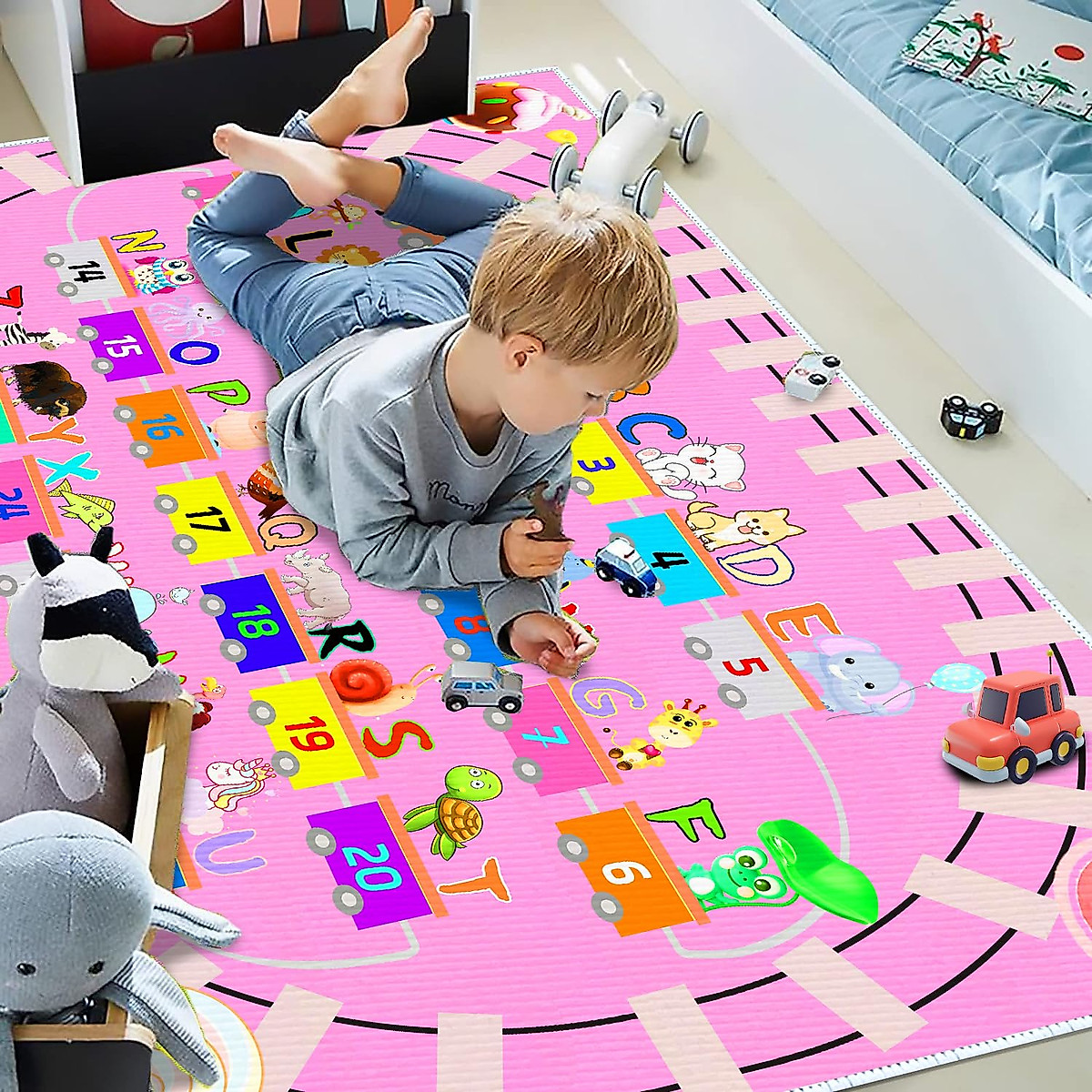 DoRlPIeY Kids ABC Pink Play Rug, Girl Alphabet Rugs with Numbers Animal Train and Road Shapes Learning Fun Educational Carpet, Playmat for Kid Bedroom Playroom 31x47 in Small Pattern