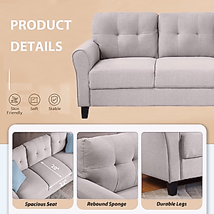 Harper & Bright Designs 3-Piece Living Room Sectional Sofa Set, Modern Style Button Tufted Linen Upholstered Armchair Loveseat Sofa and Three Seat Sofa Set Sectional Couch, Light Gray