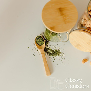 Set of 4 Airtight Glass Jars with Bamboo Lids & Bamboo Spoons - Decorative & Durable 17-Oz Borosilicate Glass Canisters Hold Coffee Beans, Tea, Flour, Sugar, Nuts, Candy, Bath Salts & More