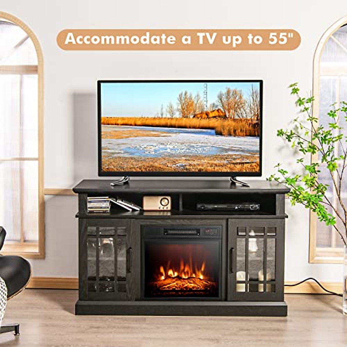 Tangkula Fireplace TV Stand for TVs Up to 55 Inch, with 18 Inches 4777 BTU Fireplace Insert, 3-Level Brightness, Overheat Protection, Remote Control Included, Fireplace Entertainment Center (Black)