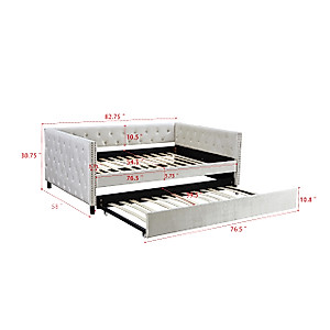 Royard Oaktree Daybed with Trundle Upgraded Velvet Upholstered Full Size Day Bed Button-Tufted Sofa Daybed Frame with Trundle, No Box Spring Needed, Furniture for Bedroom Living Room Guest Room, Beige