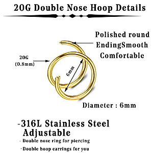 Drperfect Double Nose Ring for Single Piercing 6mm 8mm 10mm Spiral Nose Hoop Stainless Steel Twisted Hoop Nose Ring