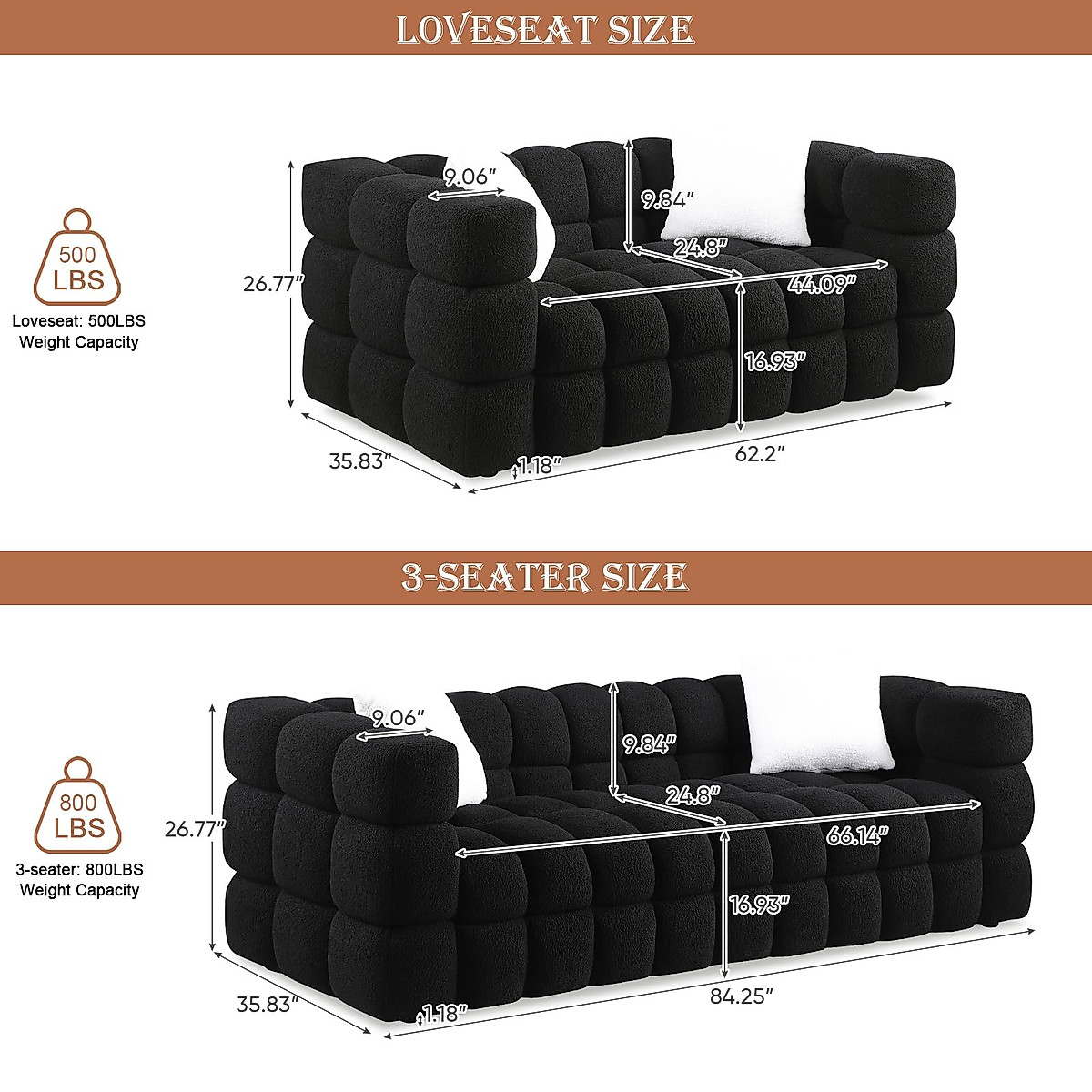 84.3" 3 Seater Modern Sofa Couch, Comfy Upholstered Living Room Sofa with 2 Pillows, Comfy Boucle Sofa with Solid Metal Legs, Contemporary Furniture Tufted Cloud Couch for Waiting Room, Office, Black