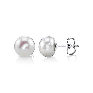 THE PEARL SOURCE AAAA Quality 14K Gold Plated 7mm Sterling Silver White Freshwater Real Pearl Earrings for Women | Hypoallergenic Earrings with Genuine Cultured Pearls