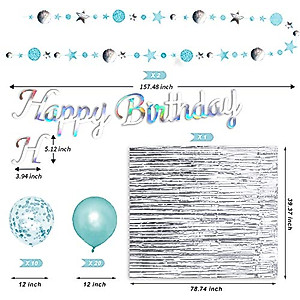 Turquoise Birthday Party Decoration - Sliver Happy Birthday Banner, Turquoise Glitter Circle Dot Garland Streamer, Sliver Fringe Curtain, Blue and Turquoise Balloons, Blue Birthday Party Decorations for Women and Men Birthday Party