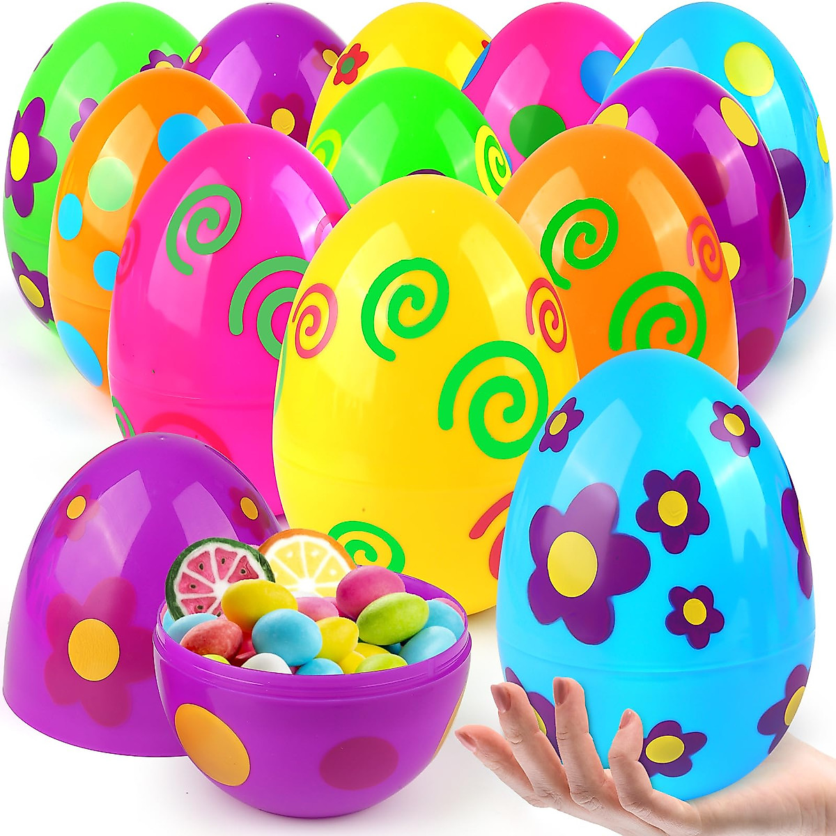 SURCVIO 12 Pcs Jumbo Printed Easter Eggs, 6 Inches Giant Plastic Eggs Fillable for Easter Themed Hunt Basket Stuffers Fillers, Filling Treats Party Favor Hunt Game Classroom Prize Supplies