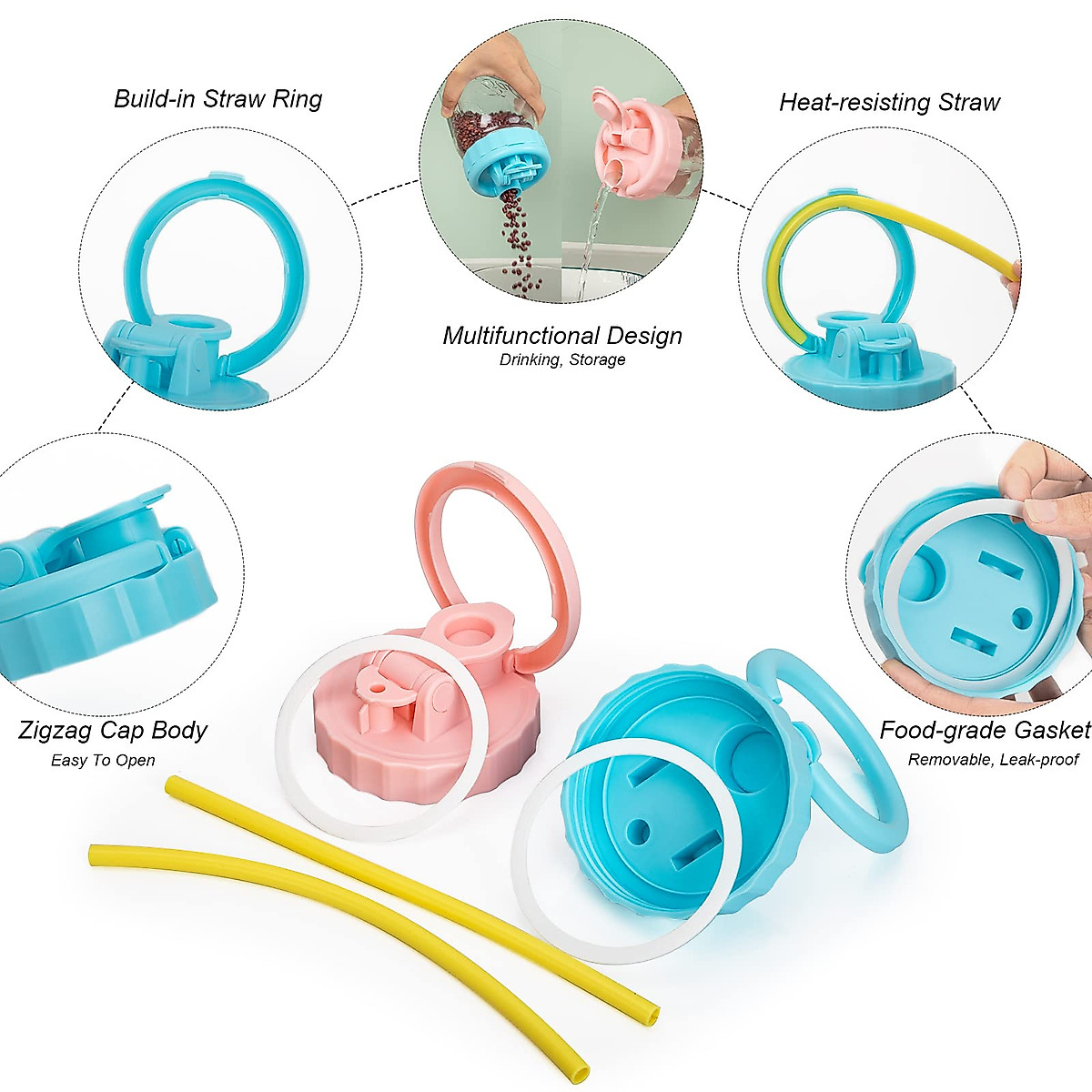 Mason Jar Lids, Wide Mouth Flip Cap Mason Lids with Straw Reusable Drinking Canning Lids Leak-proof Airtight Seal Easy Pouring Spout for Milk Coffee Lemonade Salad Dressings(Pink, Blue, 2)