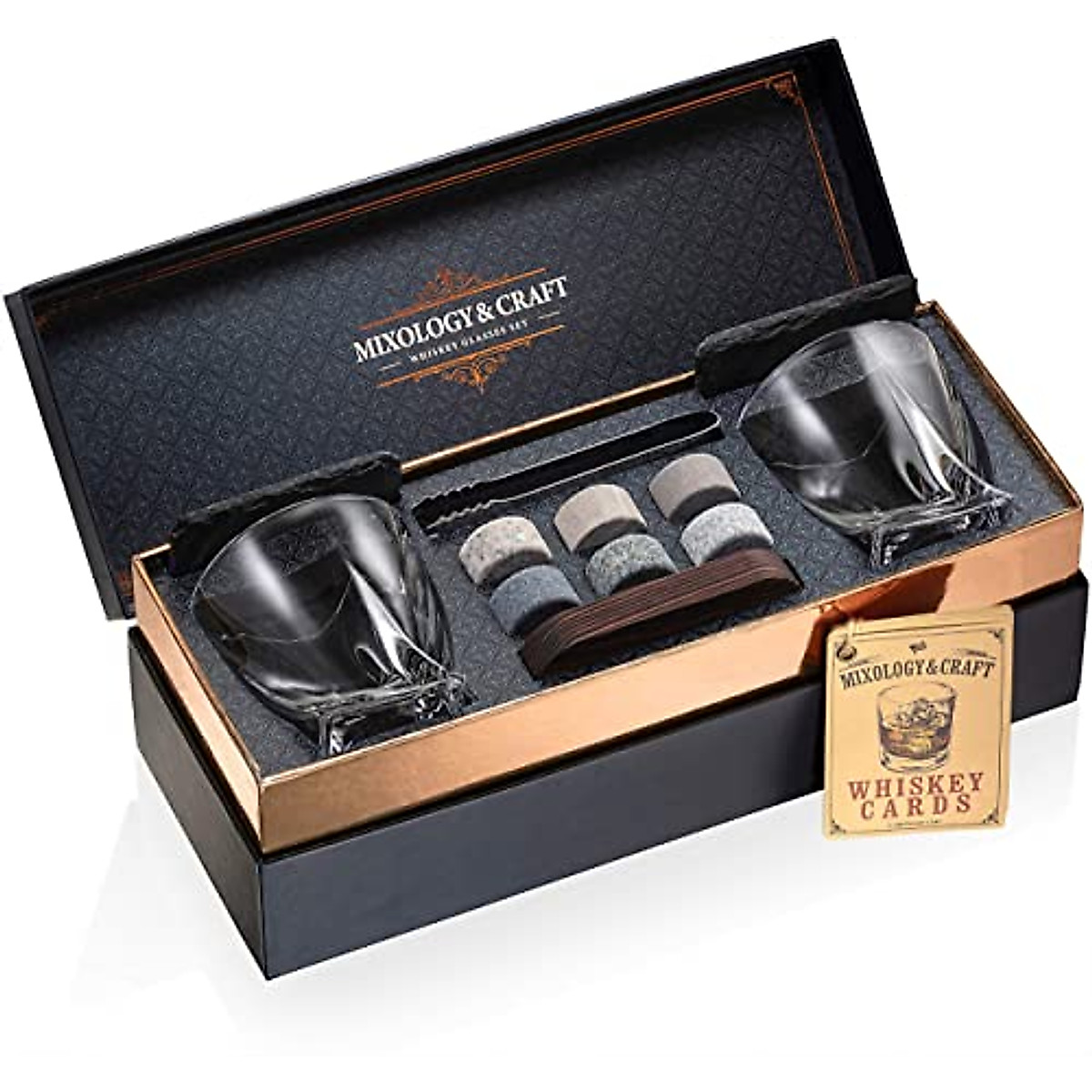 Whiskey Stones Gift Set for Men | Whiskey Glass and Stones Set with a Classy Gift Box, 6 Granite Round Whiskey Stones and 10oz Whiskey Glasses | Whiskey Lovers Gifts for Men, Dad, Husband, Boyfriend