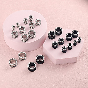 Longbeauty 4Pcs Black and Silver Stainless Steel with Zircon Stretcher Plugs Tunnels 0g