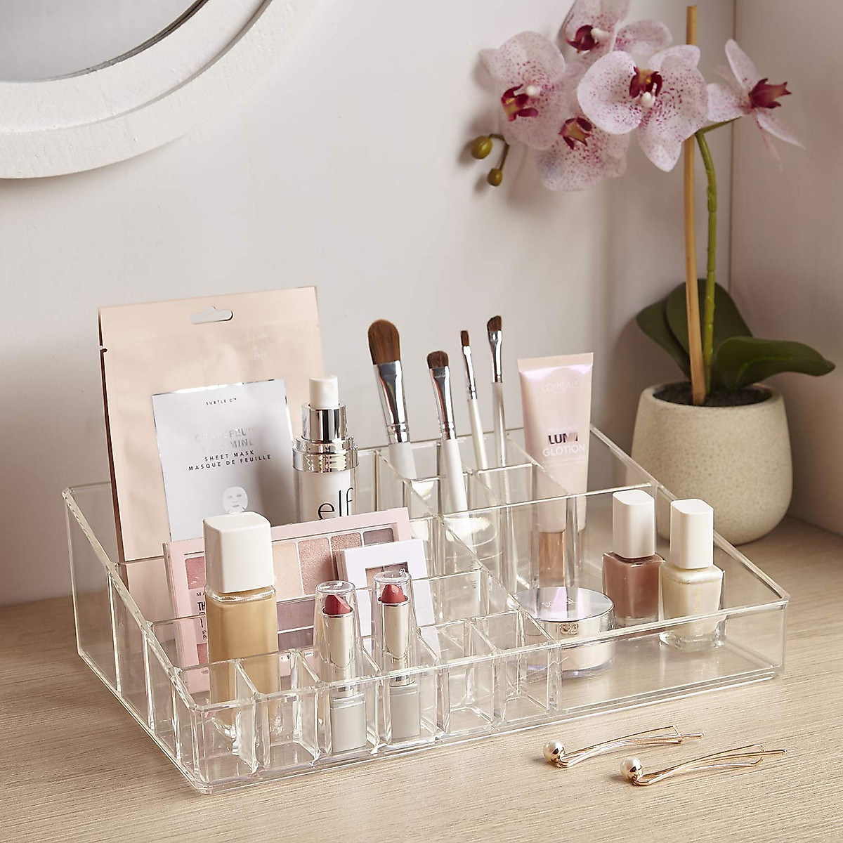 STORi Audrey Clear Vanity Makeup Organizer | 15-Compartment Holder for Brushes, Eyeshadow Palettes, & Beauty Supplies | Stacks on Audrey Storage Drawers | Made in USA