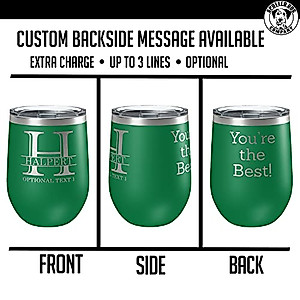 Personalized 12oz (17 Colors) Powder Coated Stainless Steel Stemless Wine Tumbler with Lid, Custom Etched, Customized Gift for Women Her, Wine Lover, Halpert Monogram Initial Name (Green)