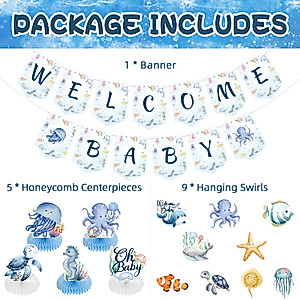 Under the Sea Baby Shower Decorations, Ocean Animals Decorations Include Welcome Baby Banner Hanging Swirls and Honeycomb Centerpiece, Under the Sea Baby Shower Supplies