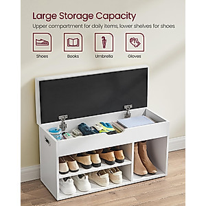 VASAGLE Storage Bench with Cushion, Shoe Bench with Padded Seat, 3 Compartments, Hidden Storage, Shelves, Hallway Bedroom, Load Capacity 330 lb, 11.8 x 31.5 x 17.3 Inches, Cloud White