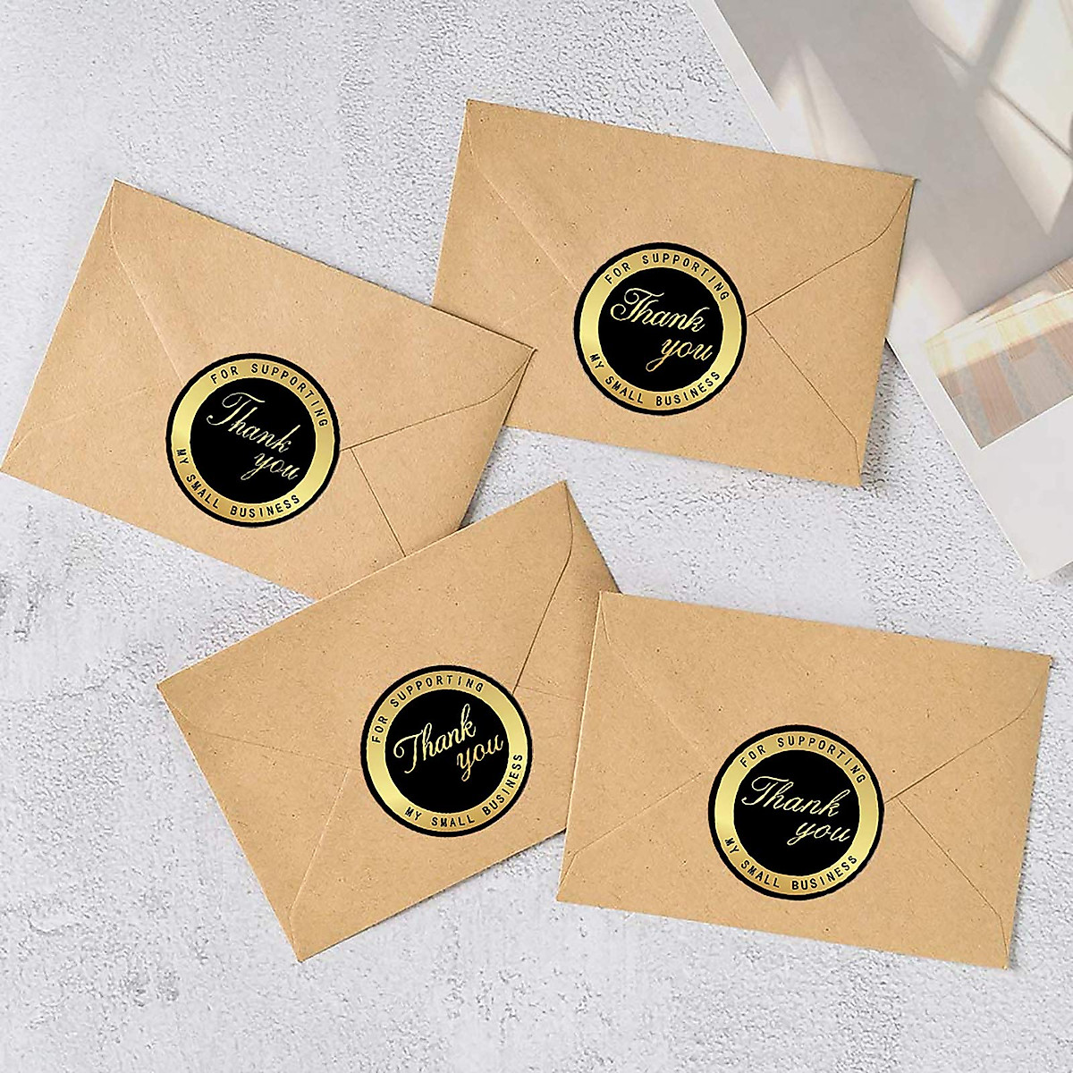 Mercei Thank You Stickers with Black Background and Wide Matte Gold-foil Ring; 4 Elegant Handwriting Font Designs; 500 pcs Classic Round Adhesive Labels per Roll; Wide for Personal and Business Use