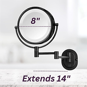 JERDON Wall-Mounted Black Makeup Mirror with LED Lighting - 5X-1X Magnification & 14” Extension - Direct Wire - Model HL65BKD