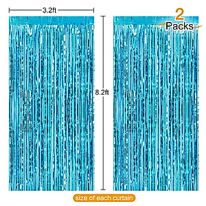 CHRORINE 2pcs 3ft x 8ft Light Blue Metallic Tinsel Foil Fringe Curtains Backdrop for Frozen Mermaid Blue Birthday Party Decorations, Baby Shower Bachelorette Bridal Shower Party Decorations
