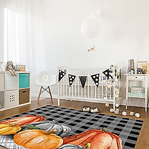 Fall Pumpkin Large Rectangular Area Rugs 3' x 5' Living Room, Thankgiving Rustic Black Grey Plaid Autumn Maple Leaf Durable Non Slip Rug Carpet Floor Mat for Bedroom Bedside Outdoor