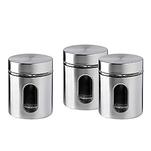 Whole Housewares | Brushed Stainless Steel and Glass Canister with Window for Spices or Grains | Kitchen Organisation Canisters | Set of 3 | 5" H & 21OZ
