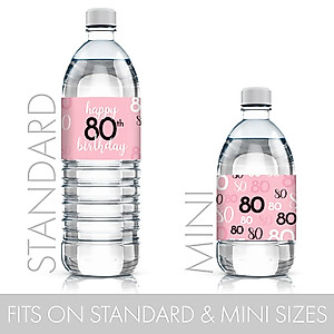 Pink, Black, and White 80th Birthday Party Water Bottle Labels - 24 Waterproof Wrappers, 80th Birthday Decorations for Women