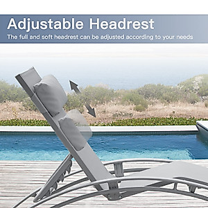 Domi Lounge Chair Set of 3, Aluminum Lounge Chairs for Outside with 5 Adjustable Positions, Chaise Lounge Outdoor for Pool, Garden, Beach, 2 Pool Chairs and 1 Side Table(Gray)