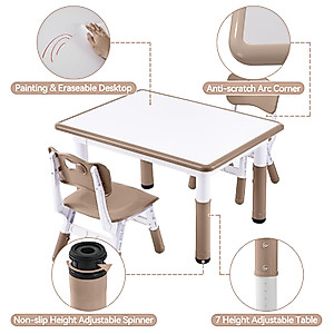 DOREROOM Kids Table and 2 Chairs Set, Height-Adjustable Toddler Table and Chair Set with Graffiti Desktop, 31.5''L x 23.6''W Children Activity Table for Daycare, Classroom, Home