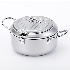Cyrder Japanese Tempura Deep Fryer Pot with Thermometer and lid, 9.5" For Home with Oil Filtration, Big Deep Fryer Perfect for Family Easy Clean, Silver Deep Fryer Pot
