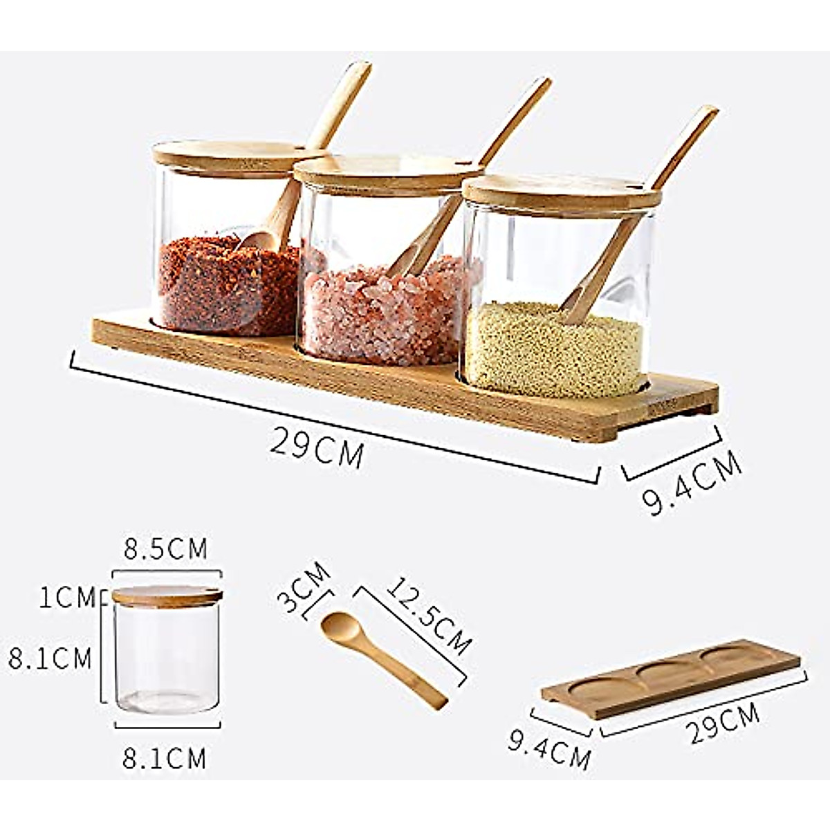 Lawei Set of 3 Condiment Jar with Lids and Spoons - Glass Sugar Bowls Sugar Salt Container Set for Sugar Serving Spice Salt