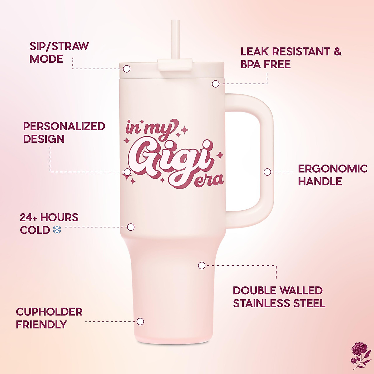 VIOLET & GALE Gigi Gifts For Grandma - Retro Collection - 40oz Insulated Tumbler with Handle, Gigis Water Bottle for Mothers Day, In My Era Cup