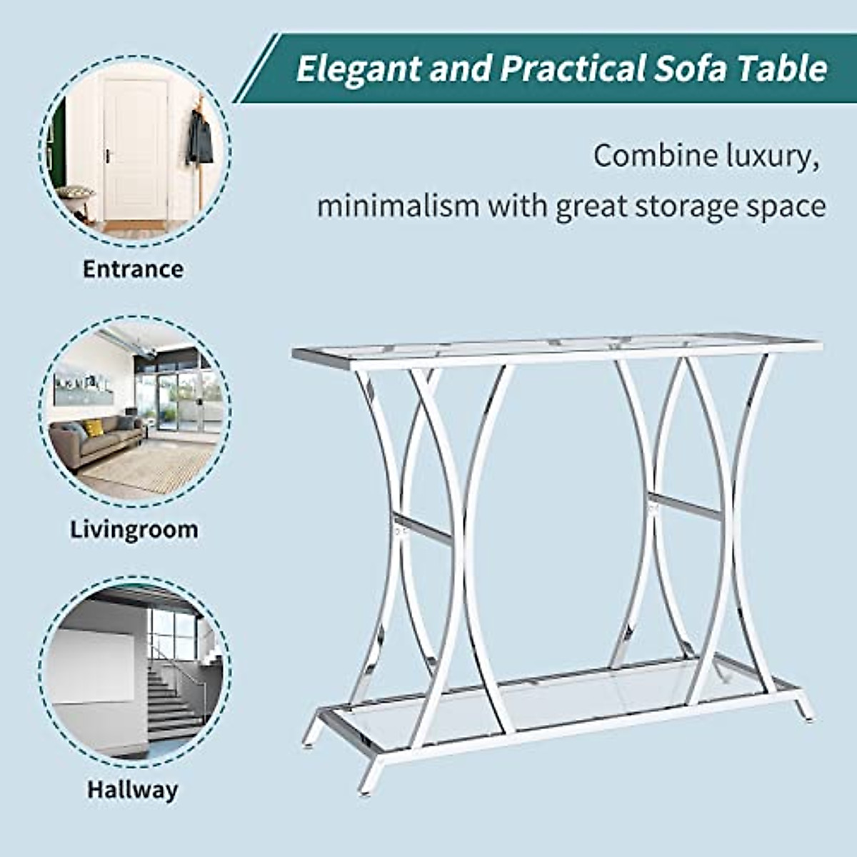 ASYA 2-Tier Glass Entryway Table, Console Tables for Entryway with Chrome Frame, Silver Glass Sofa Table for Entryway, Living Room, Chrome Finish
