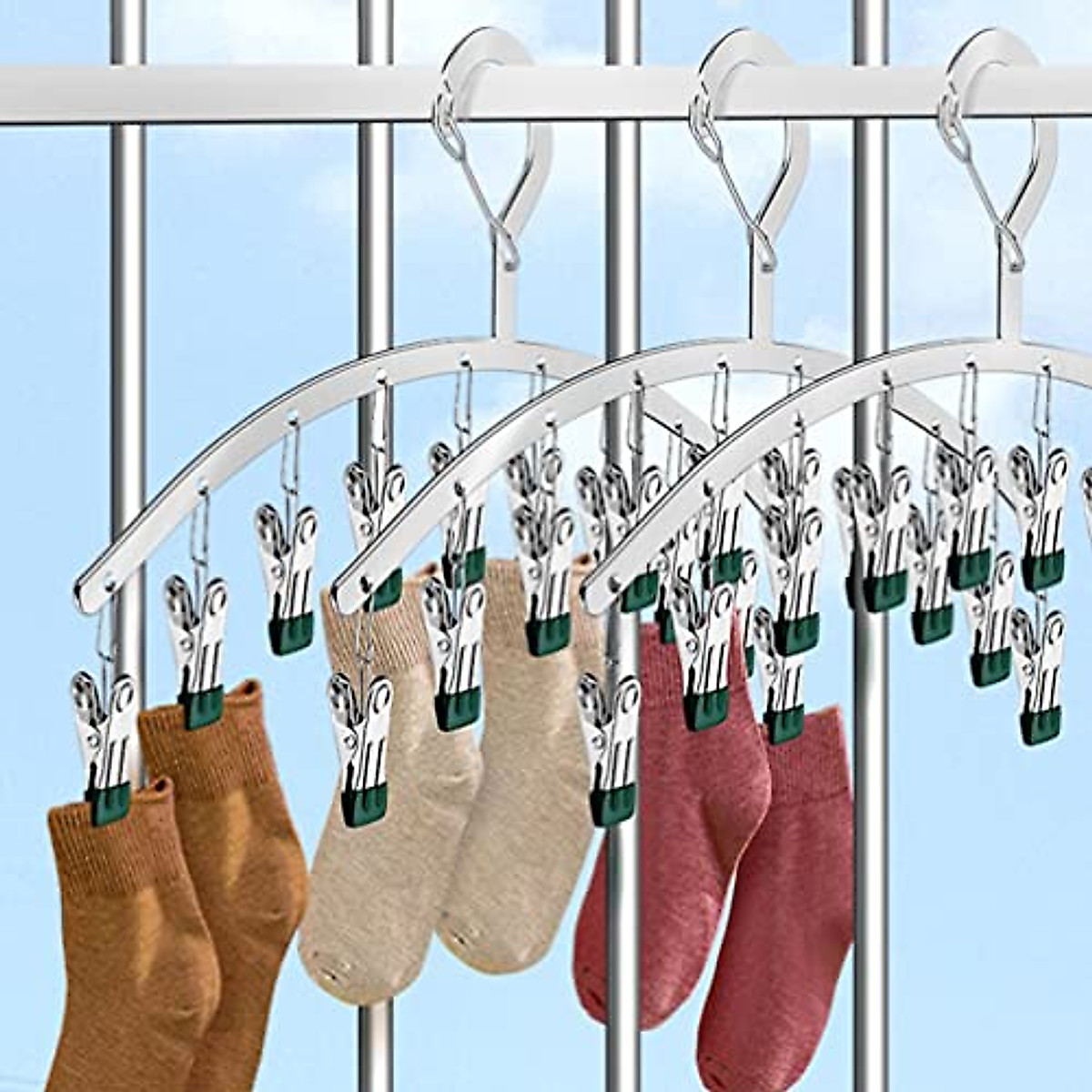 Alipis Metal Hangers Laundry Drying Rack Stainless Steel Sock Dryer Hanger with 10 Clips Windproof Underwear Drip Hangers for Baby Clothes Bras Hat Towels Diapers Hat Hanger(Hook Style Random)