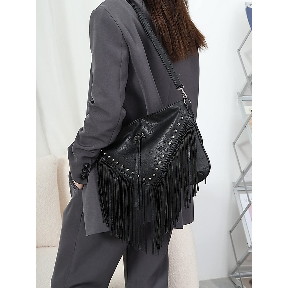 Hoce Women’s Leather Fringe Messenger Bag Hobo Crossbody Tassel Shoulder Bags, Black